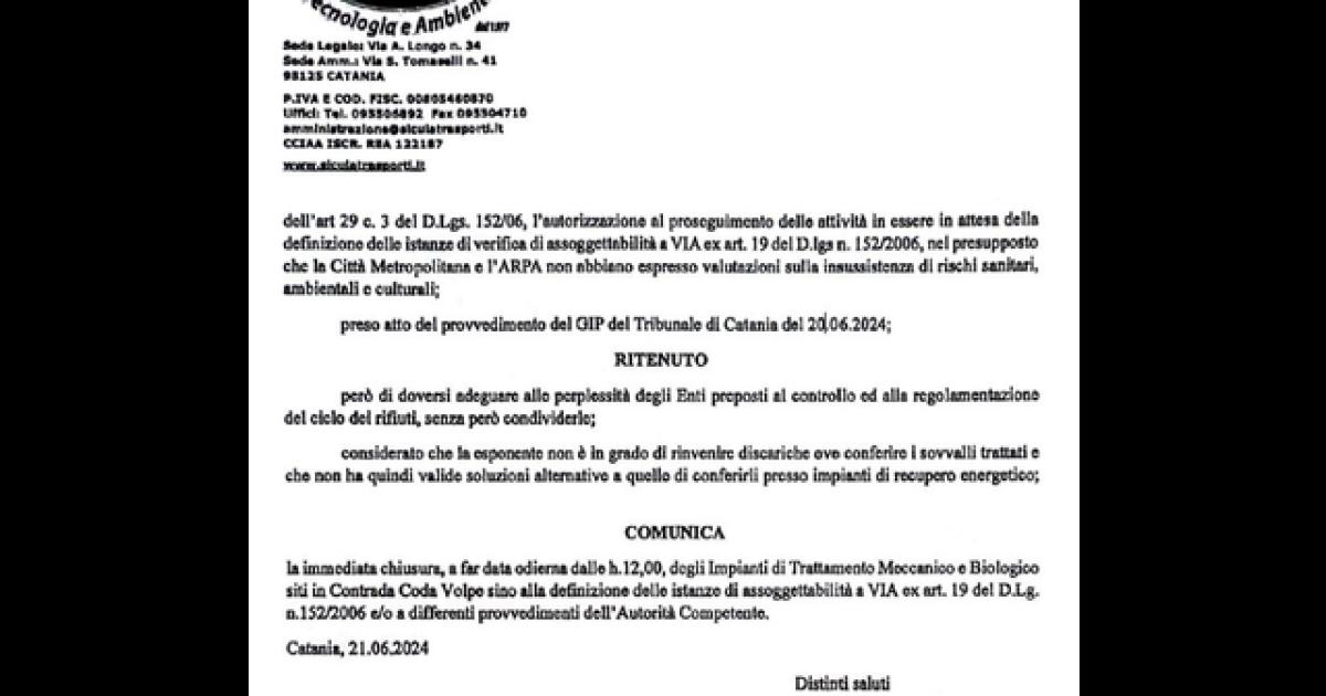 Impianto Tmb Lentini resta chiuso, è emergenza in 200 Comuni - Gazzetta ...